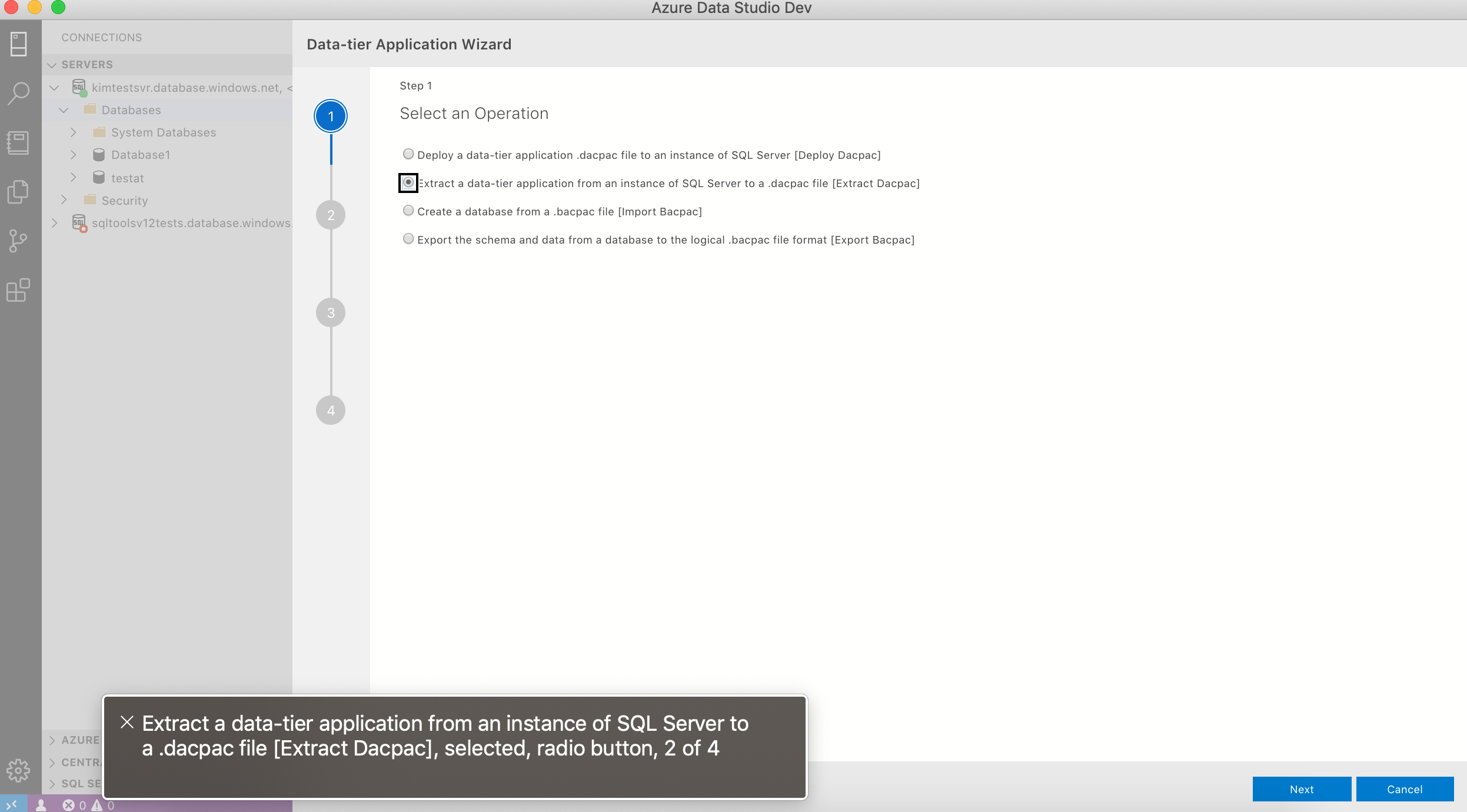 A11y_AzureDataStudio(Schema,Dacpac,Backup)_ Select an Operation _Screenreader: Voiceover is not ...