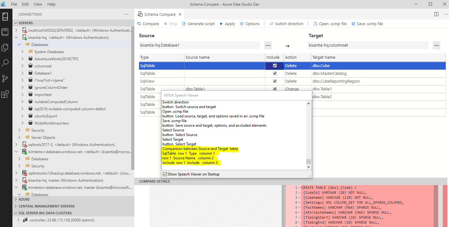 A11y_AzureDataStudio(Schema,Dacpac,Backup)_Comparison_Screenredeader: NVDA reads "Row11 Include ...