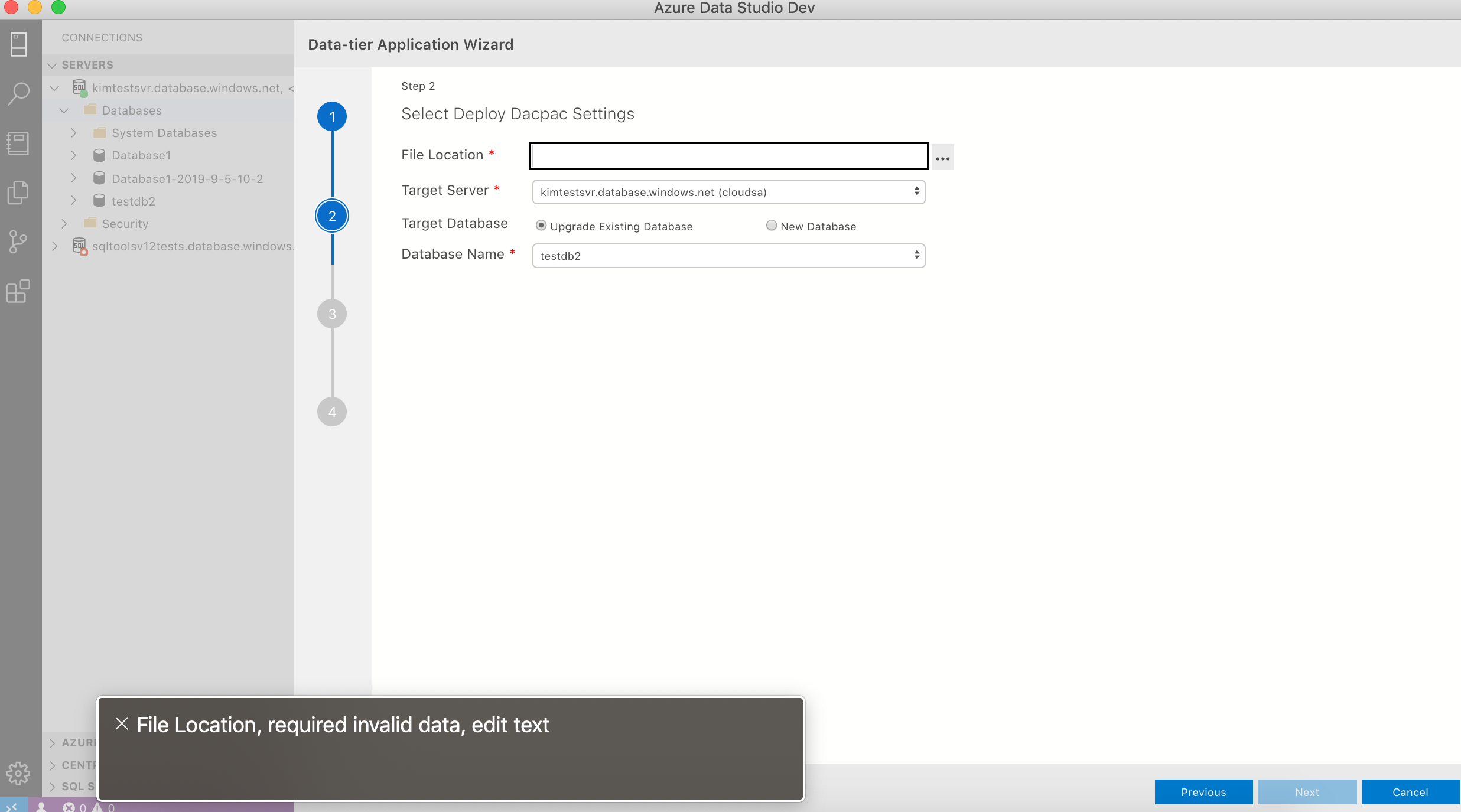 A11y_AzureDataStudio(Schema,Dacpac,Backup)_ Deploy Dacpac Settings_Screenreader: Voiceover is ...