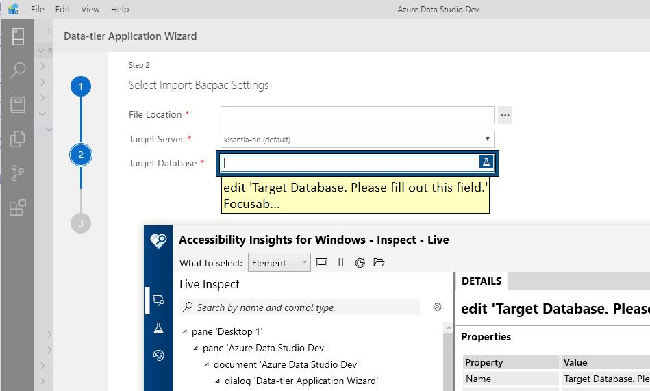 A11y_AzureDataStudio(Schema,Dacpac,Backup)_ExportBacpacSettings_ExportBacpac_AI4D: Name property ...