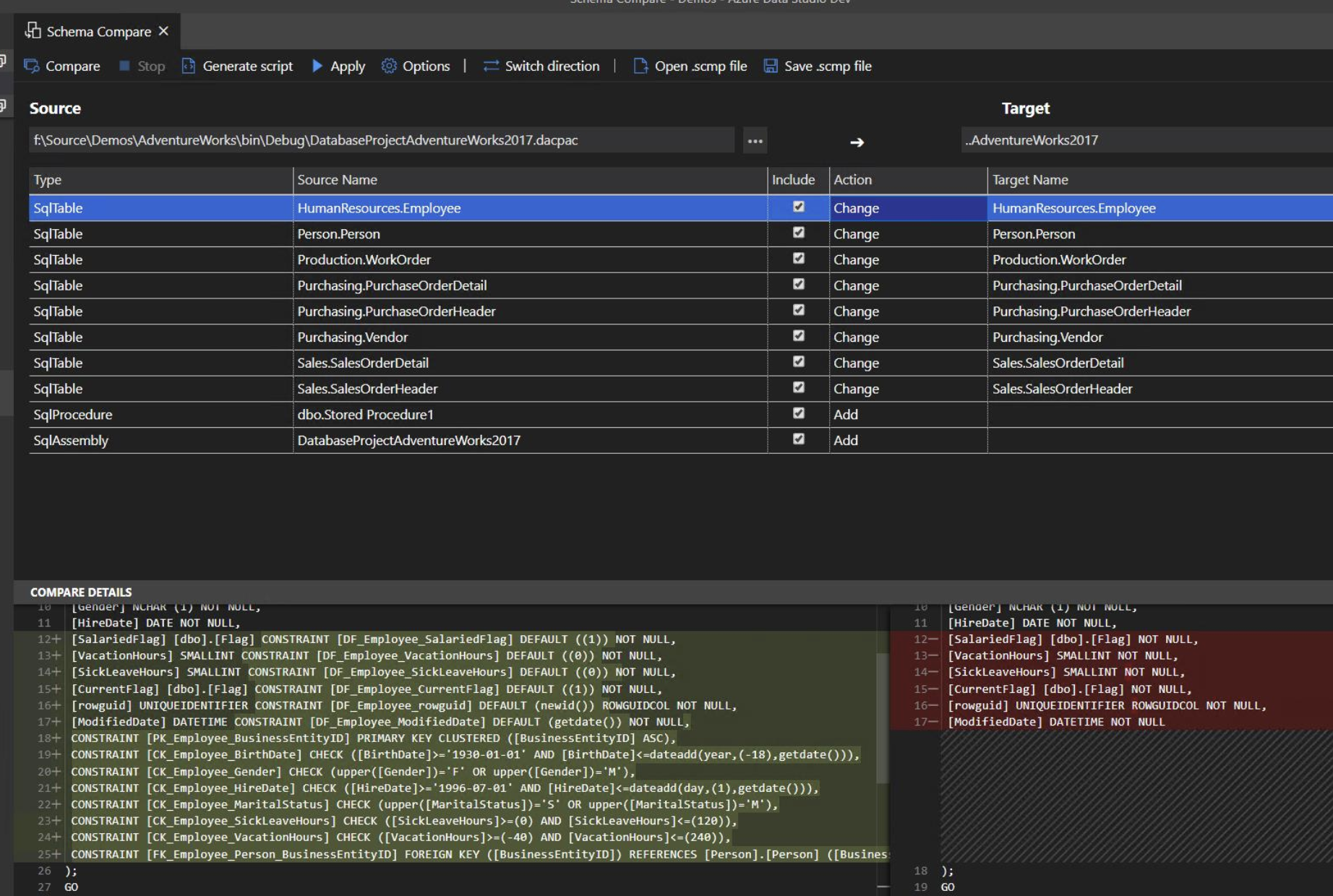 AdventureWorks project schema compare shows constraints differences ...