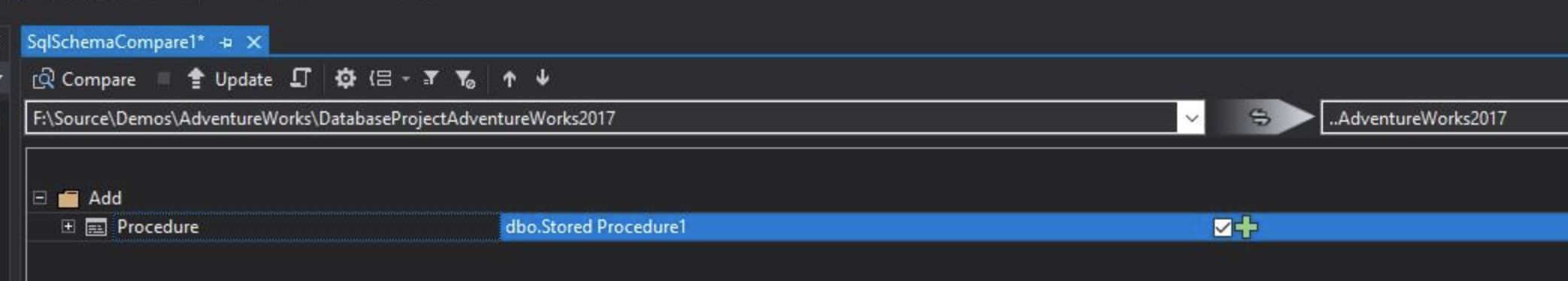 AdventureWorks project schema compare shows constraints differences ...