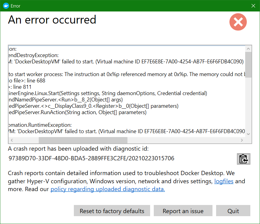 Unable To Start Hyper V Vm Dockerdesktopvm Failed To Start Virtual Machine Id Ef7e6e8e 7a00