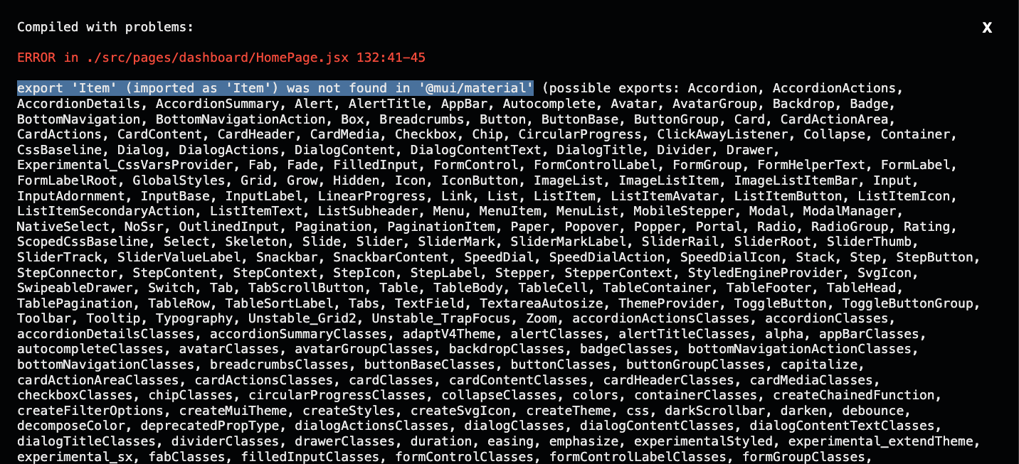 export 'Item' (imported as 'Item') was not found in '@mui/material ...