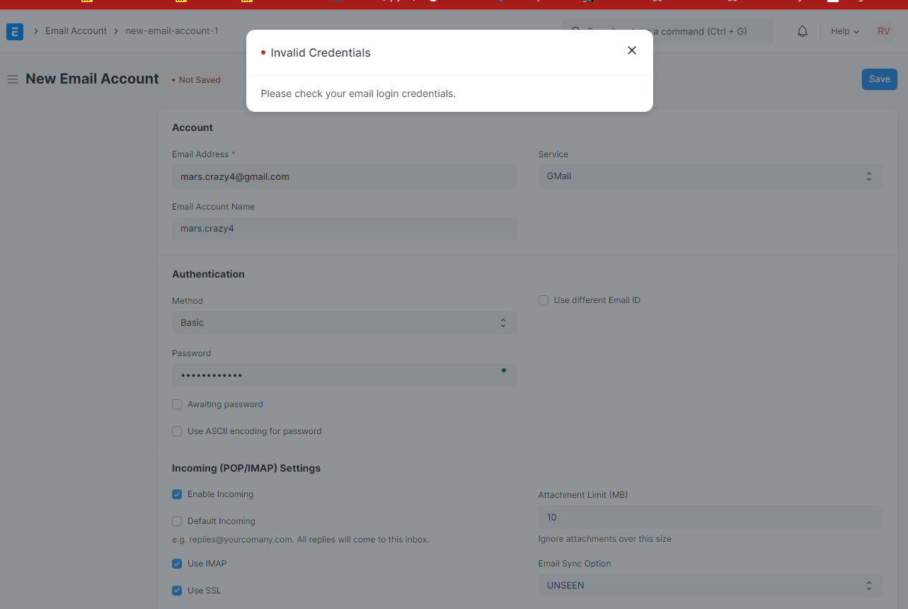 Email Account setup give: please check your email credentials · Issue ...