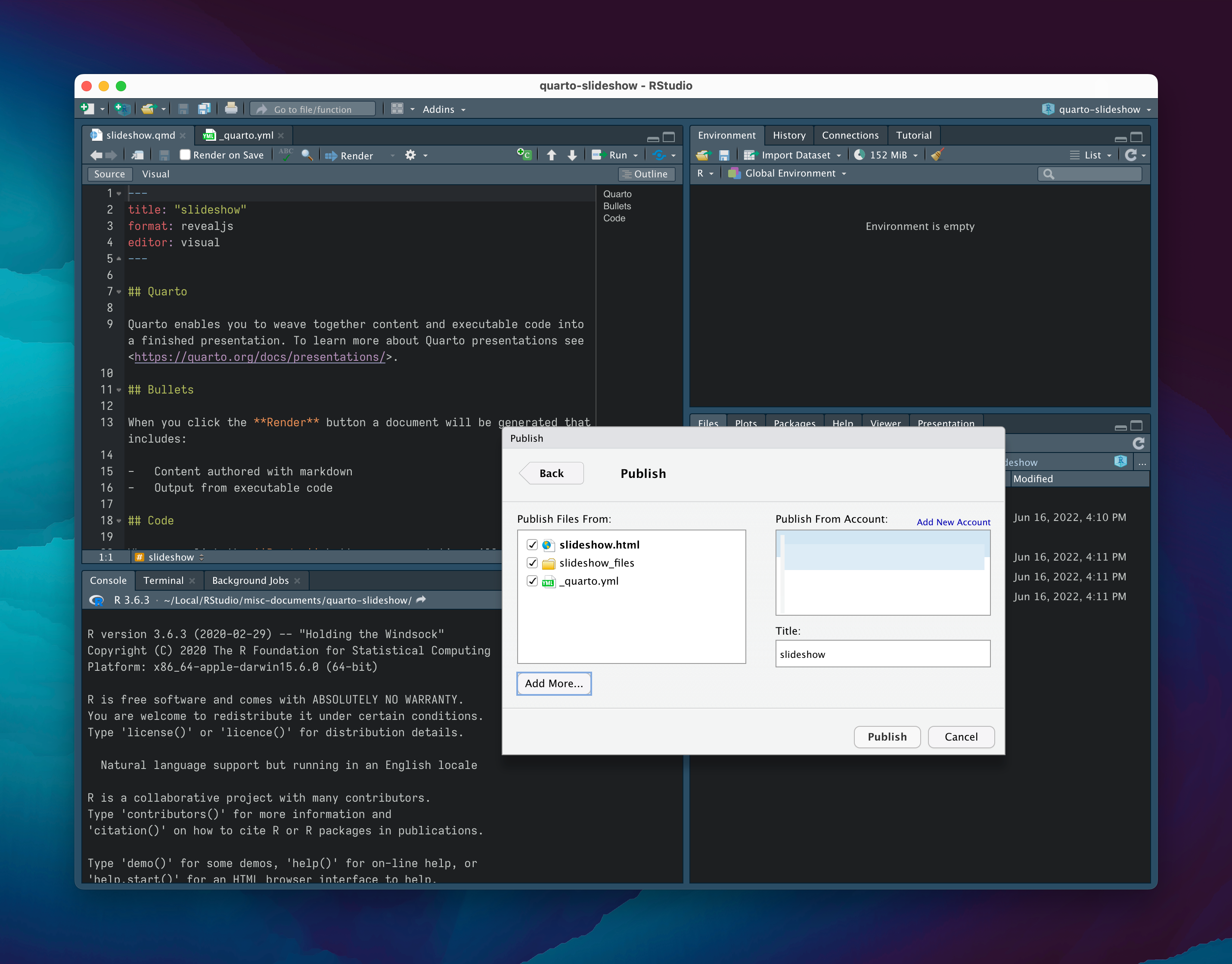 RStudio should not include `_quarto.yml` by default in static "rendered document only ...