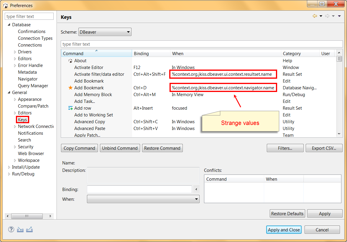 DBeaver: Keyboard shortcut mapping dialog report strange values in the "When" column · Issue ...