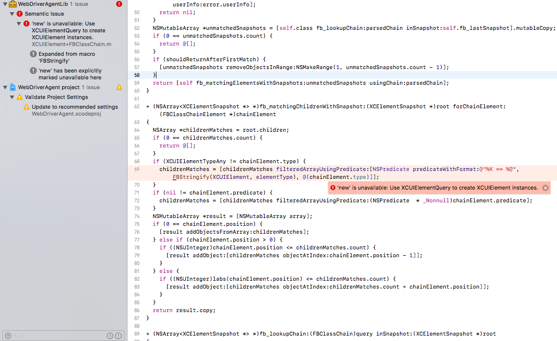 [xcode 9] WebdriverAgentLib build failure: 'new' is unavailable: Use XCUIElementQuery to create ...