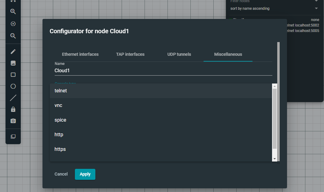 Missing console types for cloud nodes · Issue #1134 · GNS3/gns3-web-ui ...