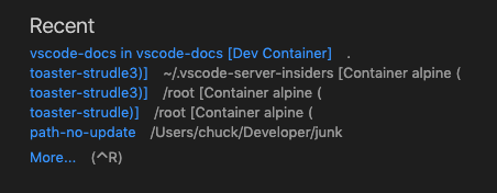 Odd formatting in MRU list in VS Code home screen when using container name-based attach config ...