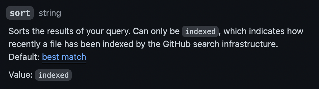 GitHub code search Indexed sort "Last indexed" time API availability · community · Discussion ...