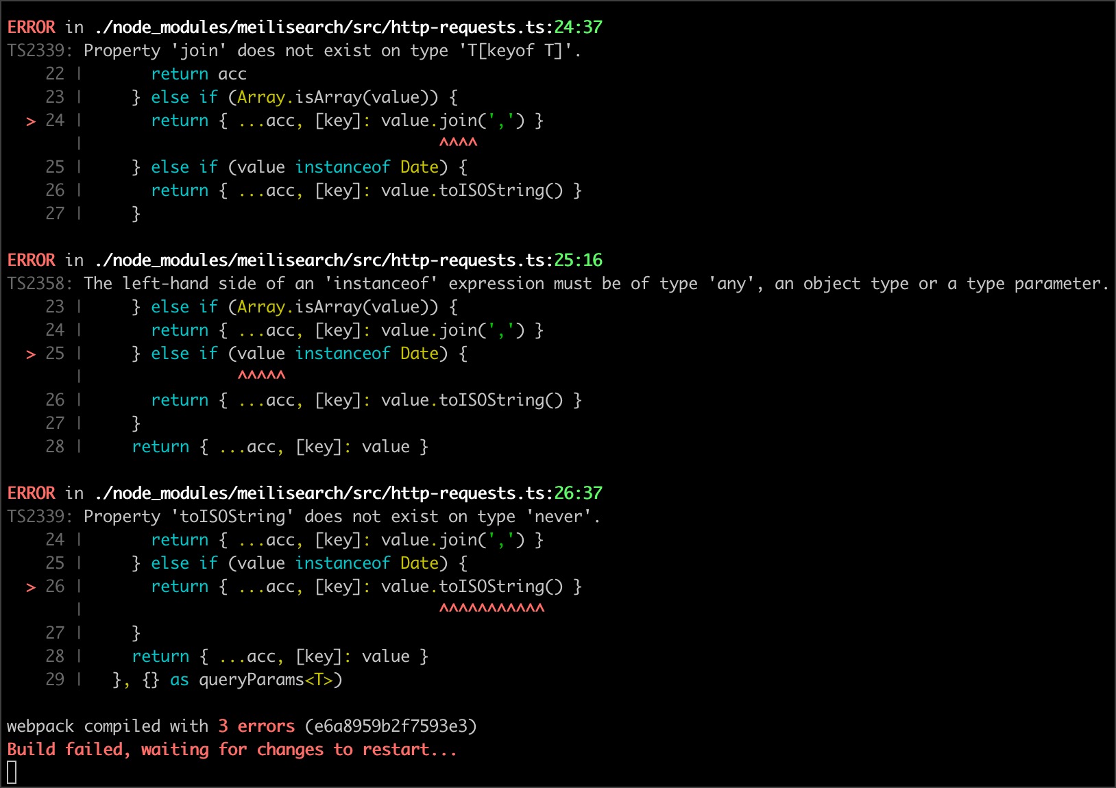 Signature Mismatch X Compile Errors Ts2339 Ts2358 Ts2339 · Issue 1590 · Meilisearch