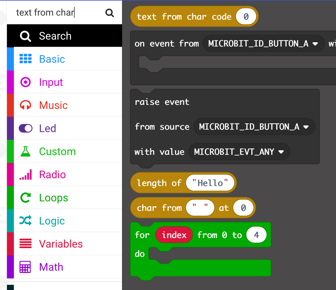 "text from char code" block does not appear in text menu · Issue #1725 · microsoft/pxt-microbit ...