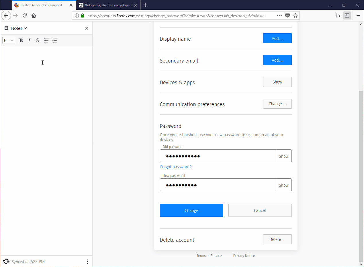 You are wrongly disconnected from the FxA after changing the password and writing something in ...