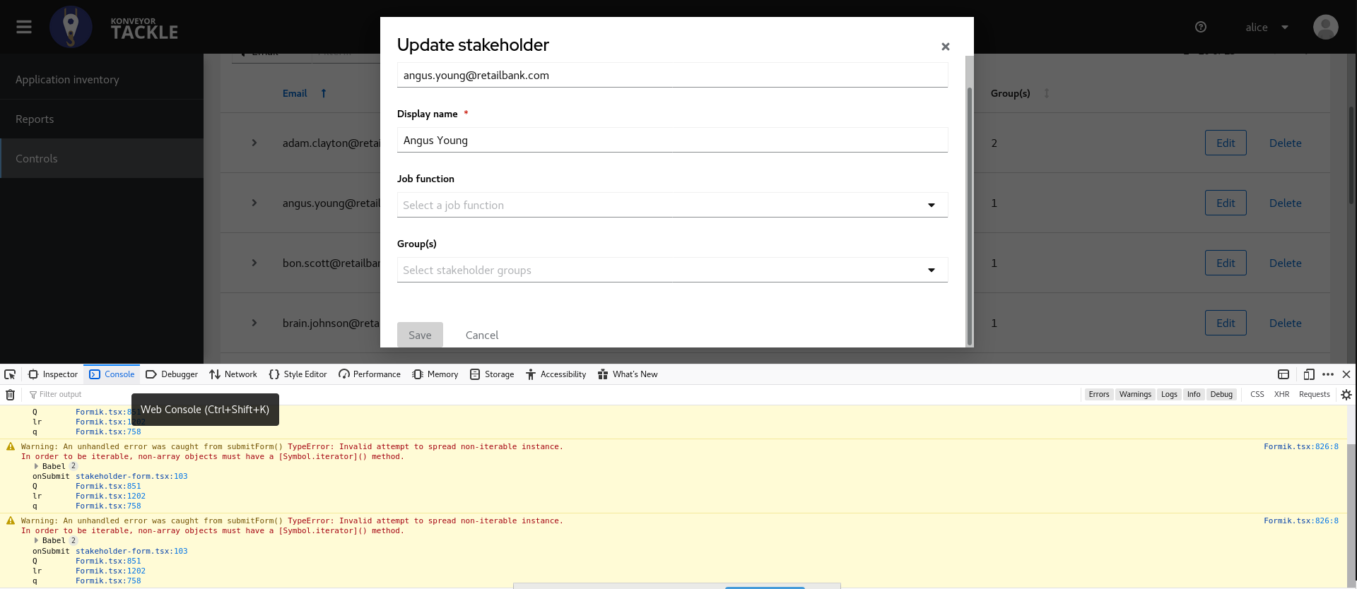 [TACKLE-5] Errors in browser console when updating a Stakeholder to remove Stakeholder Group ...