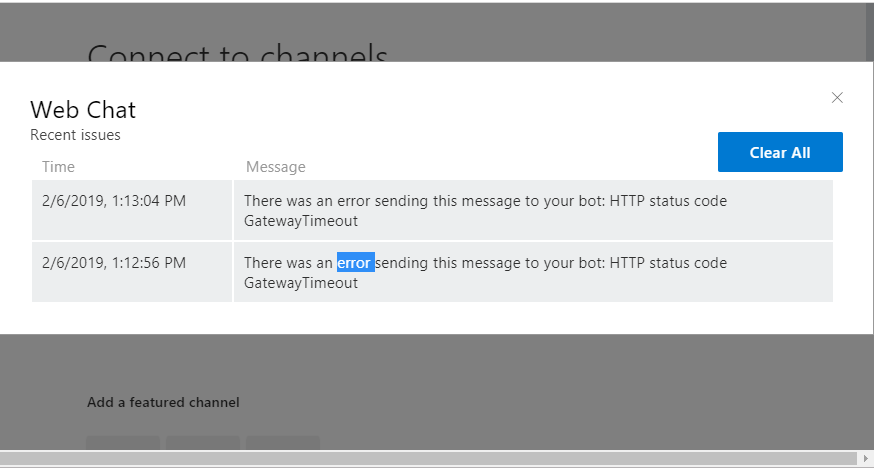 Error : 500 directline.postActivity. when trying to connect azure bot deployed on server with ...