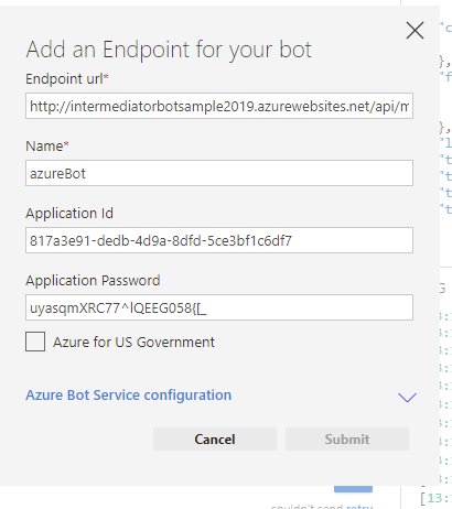 Error : 500 directline.postActivity. when trying to connect azure bot deployed on server with ...