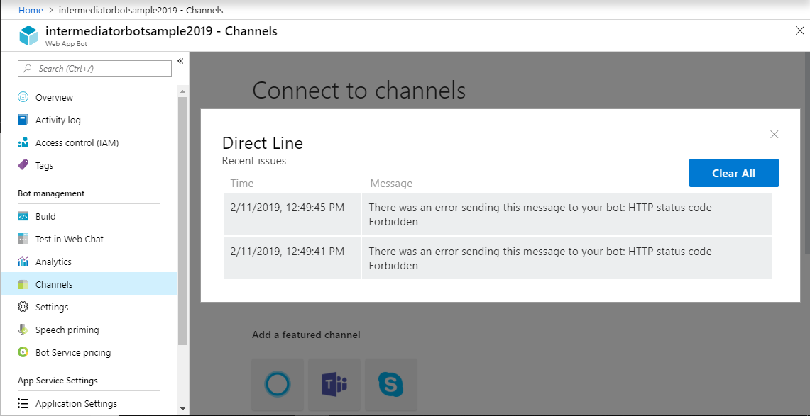 Error : 500 directline.postActivity. when trying to connect azure bot deployed on server with ...