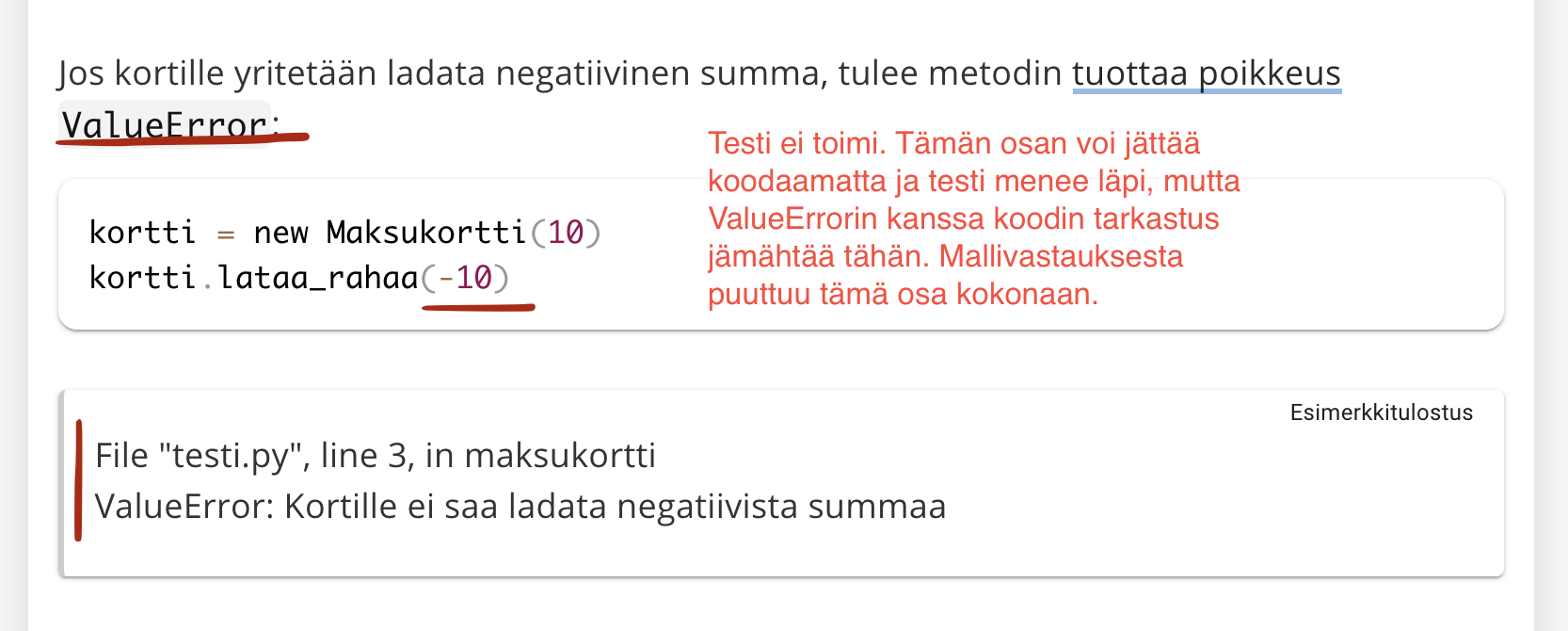 Tehtävä 08-13: Kattosumman tarkistus puuttuu, ValueError rikki ja mallivastaus puutteellinen ...