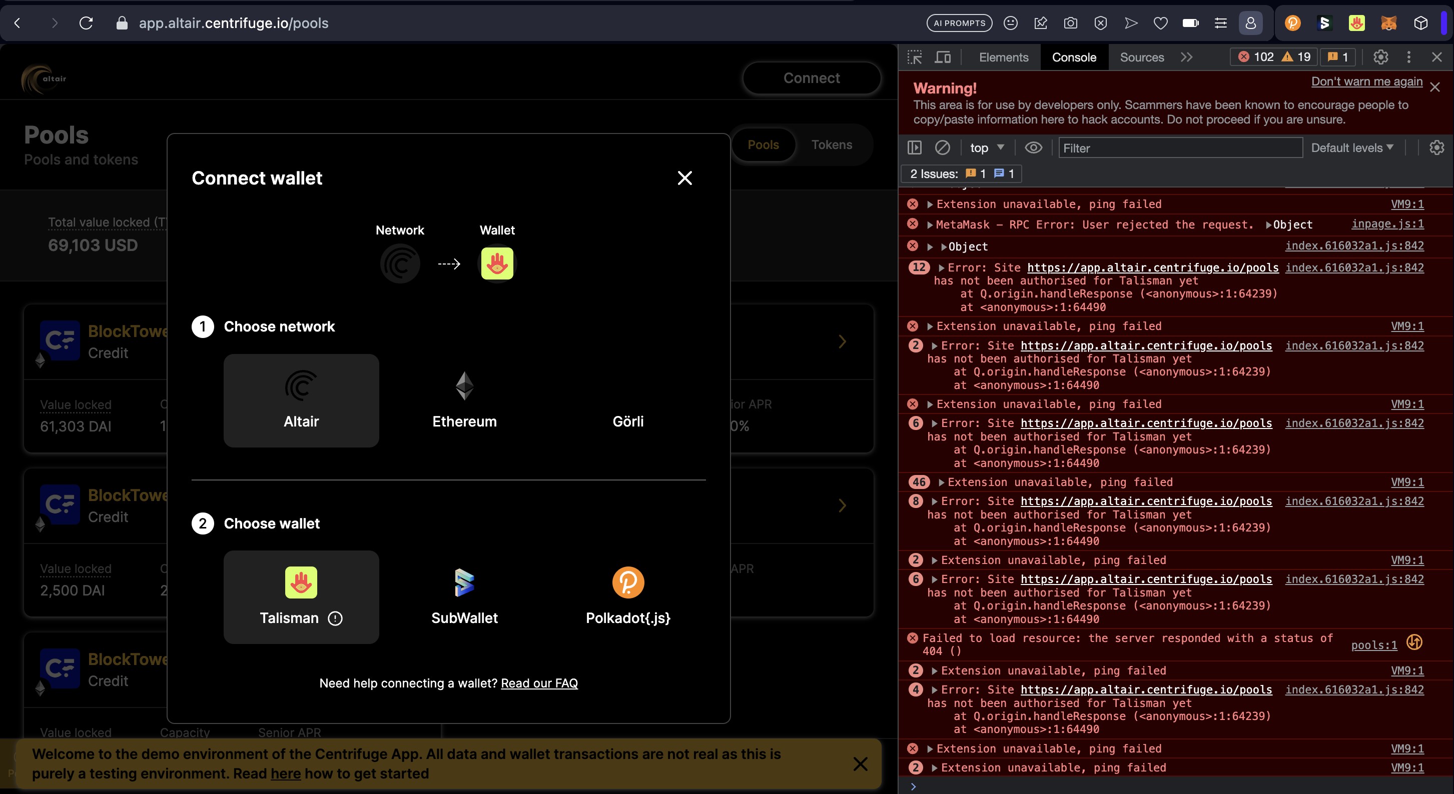 Wallet connection problems · Issue #1451 · centrifuge/apps · GitHub