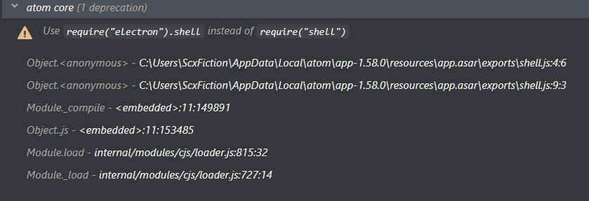 Deprecated calls from atom core. Use require("electron").shell instead of require("shell ...