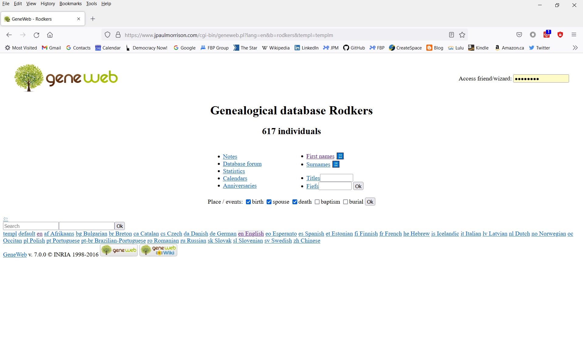 Version of GeneWeb on my server using different (apparently older) formatting from localhost ...