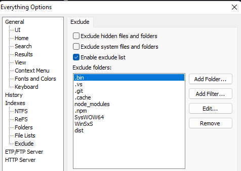 Need A way to index all my coding projects directory but exclude folders like node_modules ...