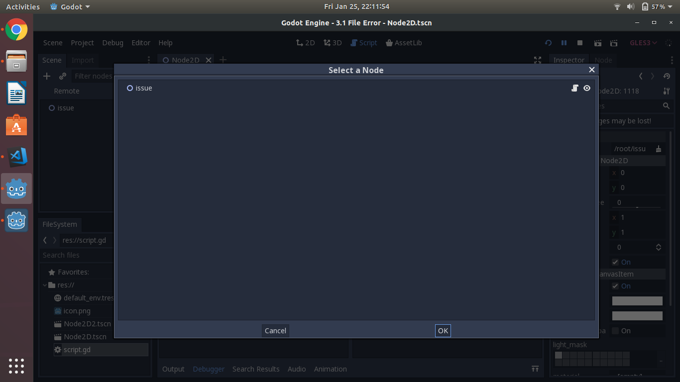Click on Node/path property in the Debug Inspector darken the editor · Issue #23527 ...