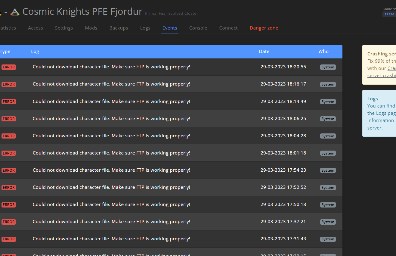 Dedicated Connect Event Error - Could not download character file. Make sure FTP is working ...