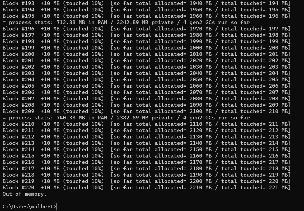 Memory allocation in .NET fails at 70% of the container limit when ...