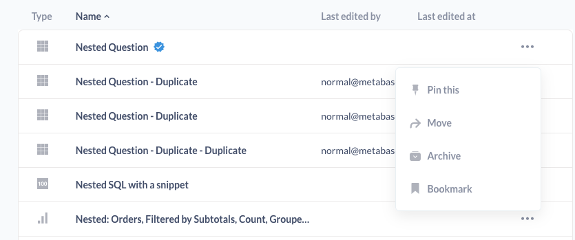 Inconsistent and confusing "Duplicate" action mechanism · Issue #23857 · metabase/metabase · GitHub