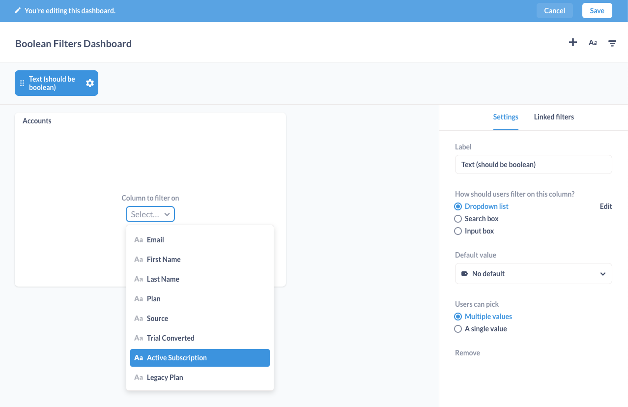 It's not possible to have boolean dropdown filter anymore · Issue #27683 · metabase/metabase ...