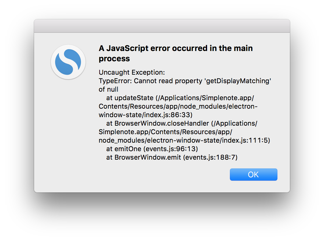 JavaScript Error when closing the window. · Issue #589 · Automattic/simplenote-electron · GitHub