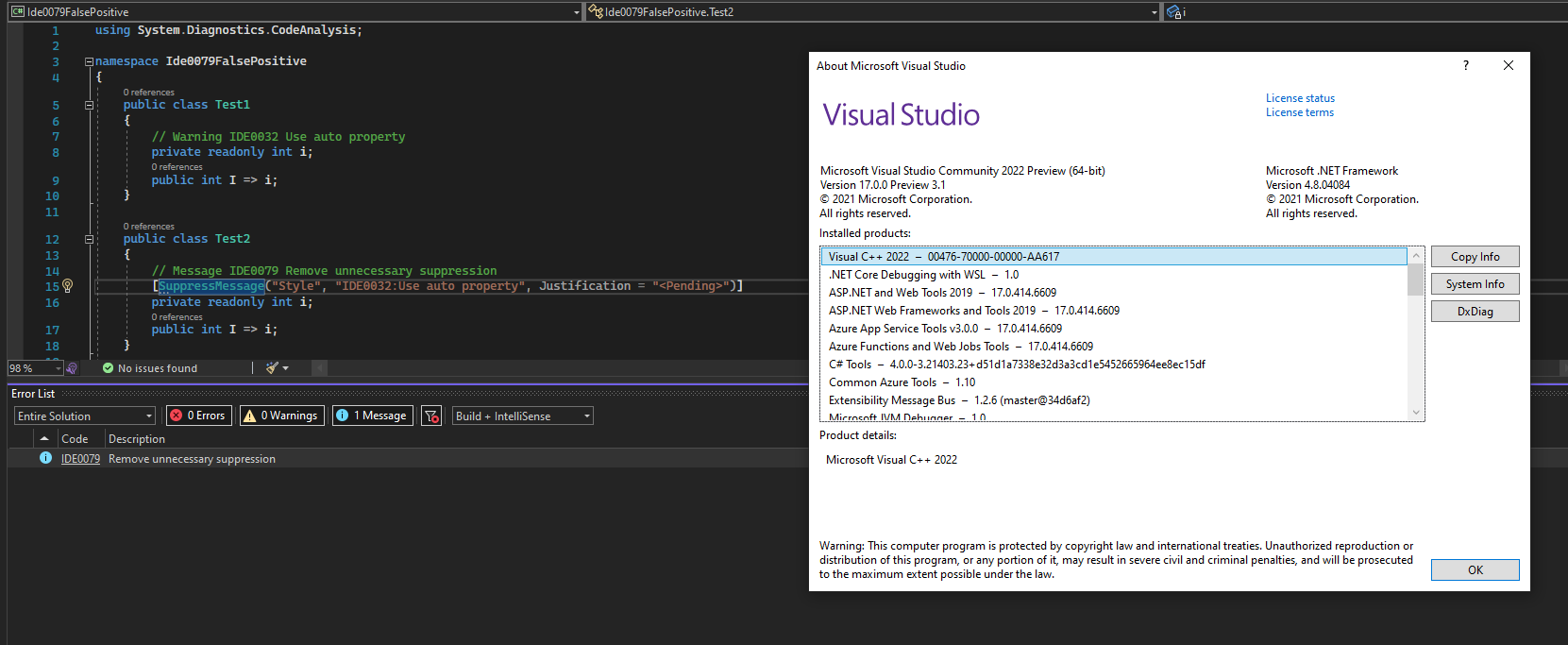 IDE0079 false positive for IDE0032 using *in-class ...