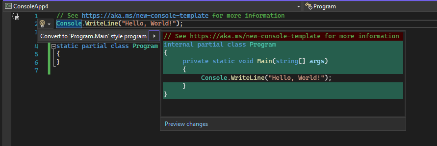 Convert to 'Program.Main' should preserve staticness of Program class ...