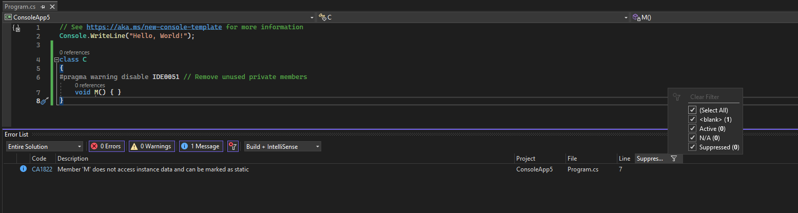 Error List not showing suppressed diagnostics · Issue #62498 · dotnet ...
