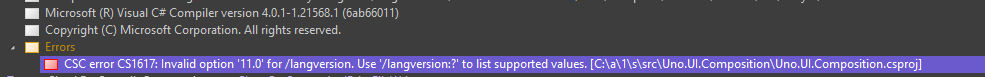 Intermittent compiler error `error CS1617: Invalid option '11.0' for /langversion.` using ...