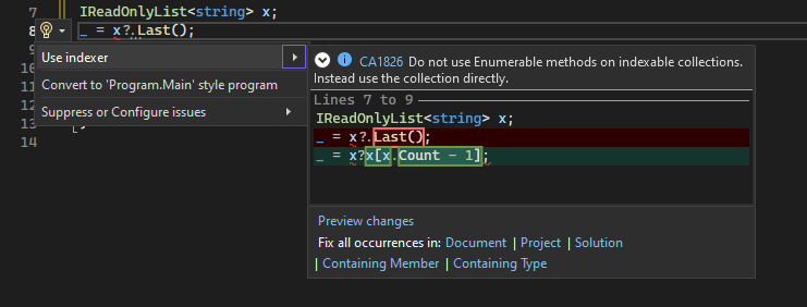 CA1826 codefix produces incorrect code for null access · Issue #6348 · dotnet/roslyn-analyzers ...
