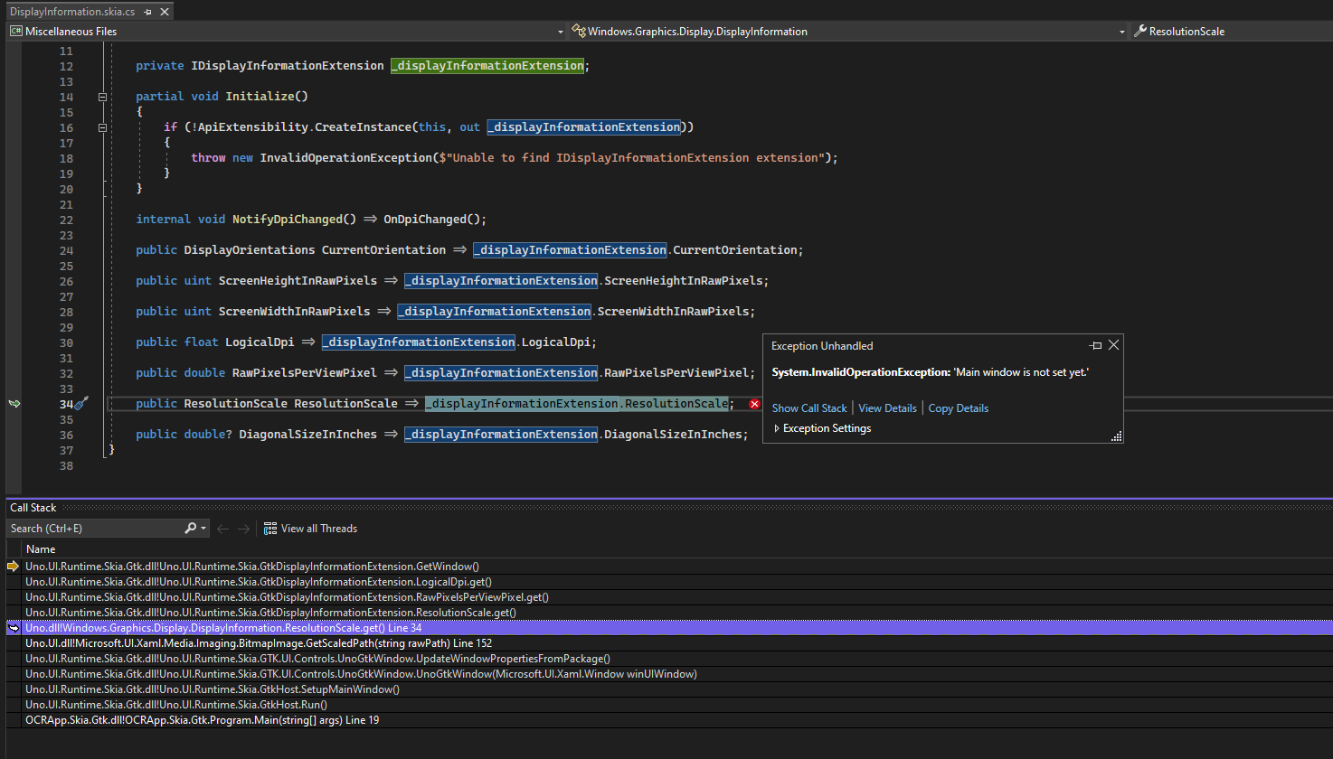 Skia crashes with `System.InvalidOperationException: 'Main window is not set yet.'` with 5.0.0 ...