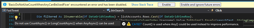 'BasicDoNotUseCountWhenAnyCanBeUsedFixer' encountered an error · Issue #3749 · dotnet/roslyn ...