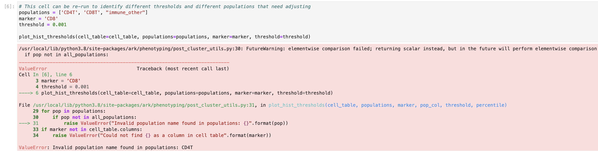 Populations specified in post clustering notebook don't work with example dataset · Issue #821 ...