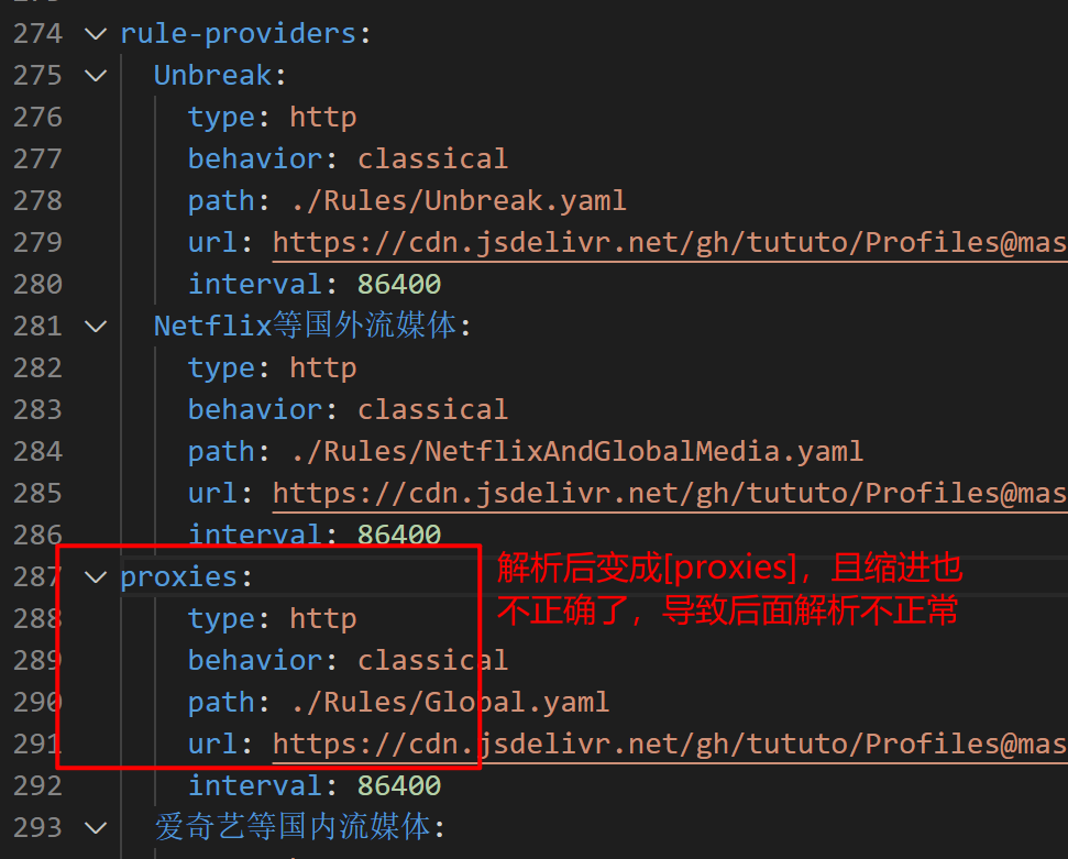 【bug】订阅文件中名称为proxy的规则集会被自动替换成proxies,进而导致文件解析失败。 · Issue 771