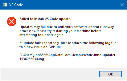 Update Failure · Issue #58018 · microsoft/vscode · GitHub
