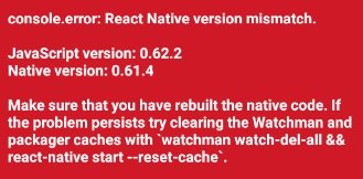 React Native version mismatch. JavaScript version: 0.50.4 Native ...