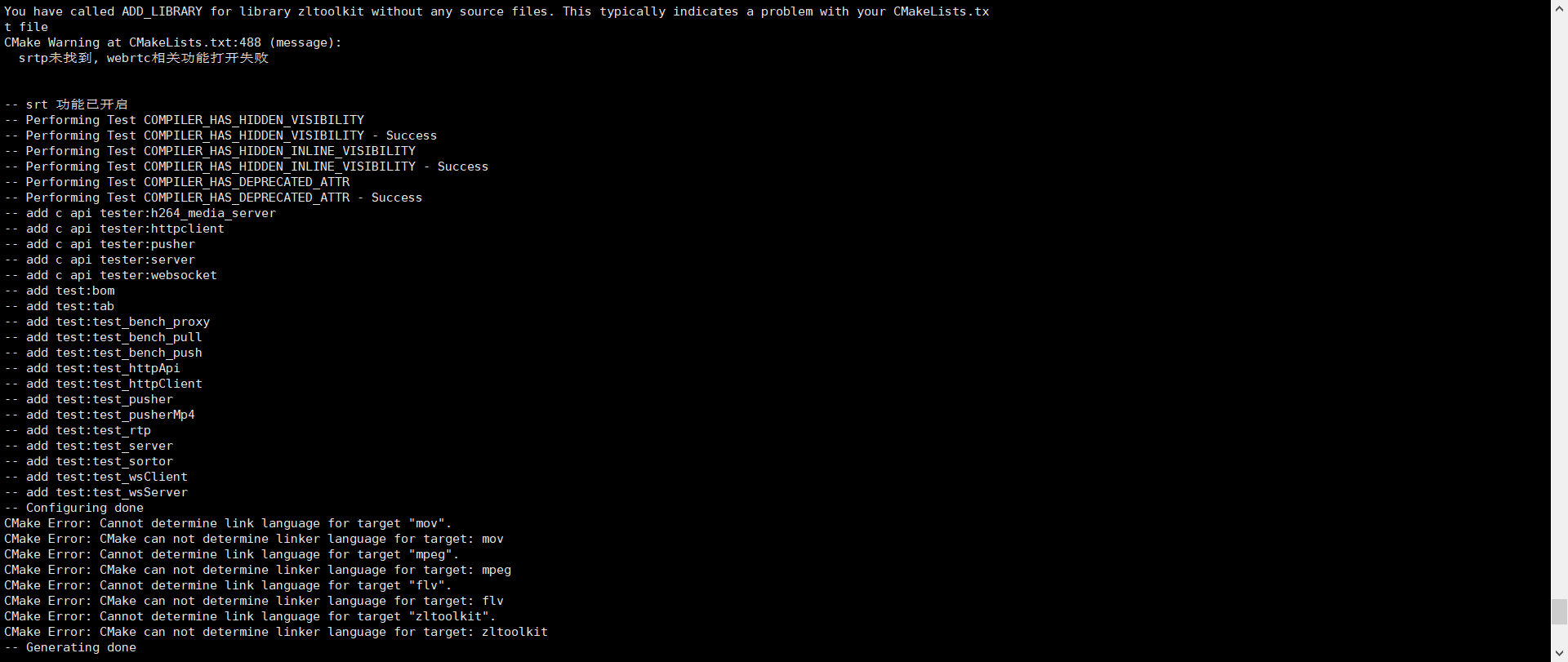 [技术咨询] 按照wiki构建项目报错 【CMake can not determine linker language】 · Issue #1761 · ZLMediaKit ...