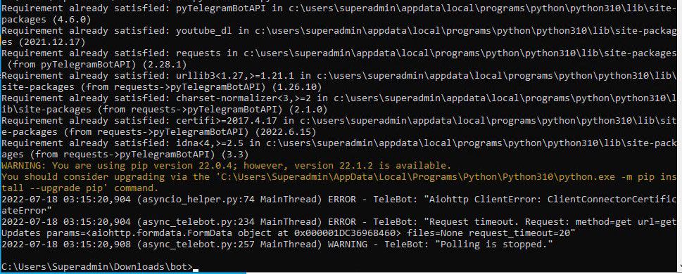 Async error : Polling is stopped · Issue #1636 · eternnoir/pyTelegramBotAPI · GitHub