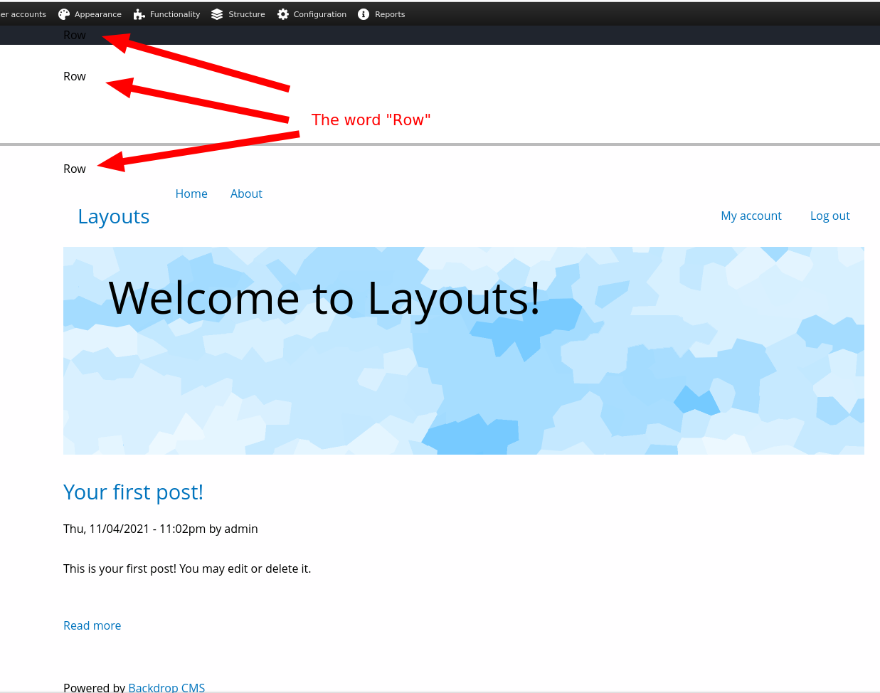 Flexible layouts: "Row" label/indicator rendered in the frontend ...