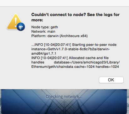 Please Help: "Couldn't connect to node? See logs for more" geth...darwin (Architecture x64 ...