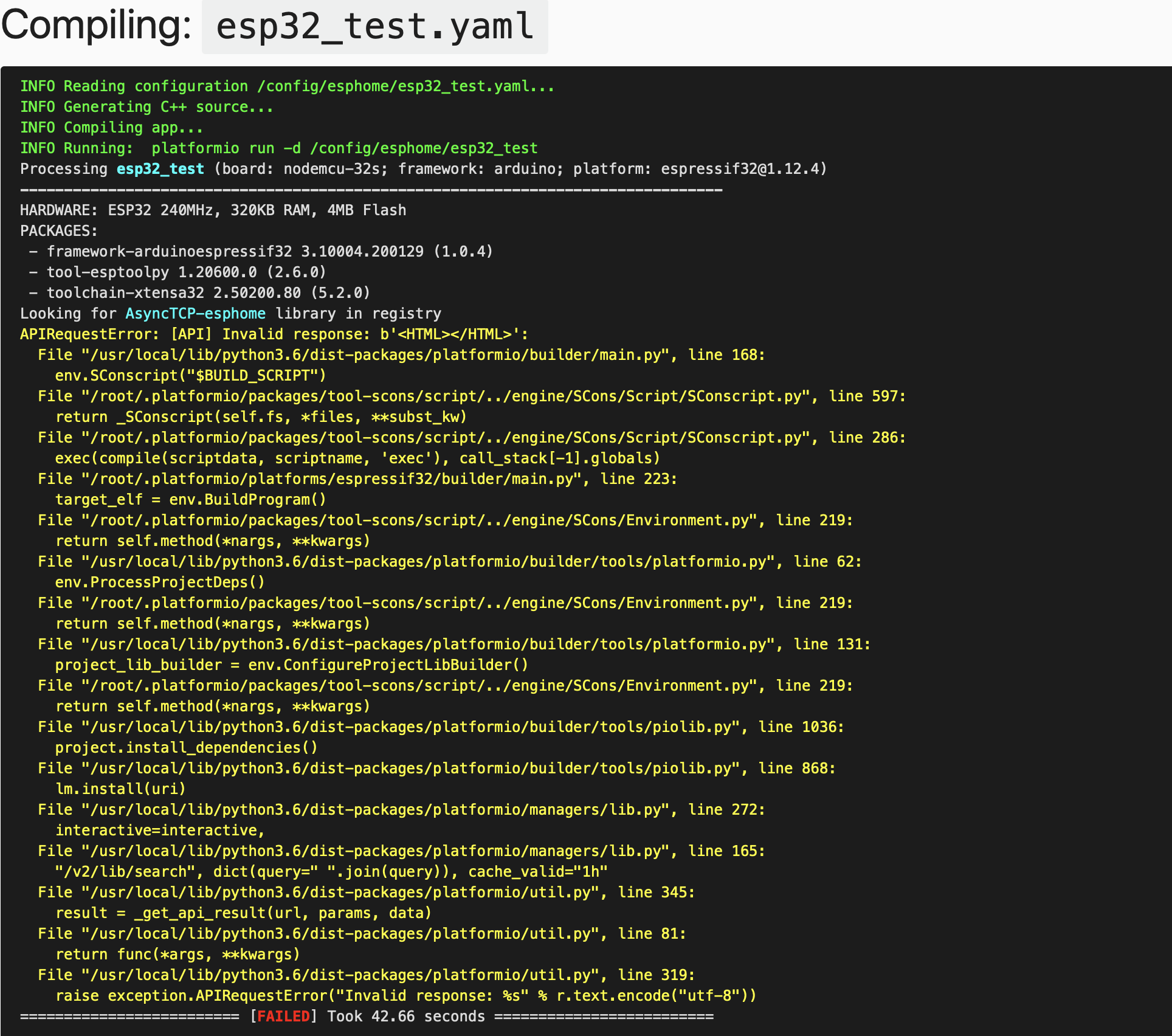 Unable To Compile The Code · Issue 1530 · Esphomeissues · Github
