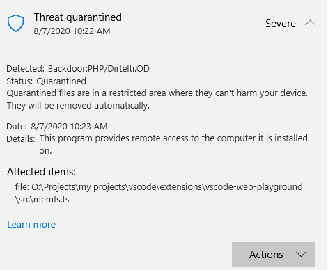 Unable to setup for contribution/dev, memfs.ts is detected as backdoor in window defender ...